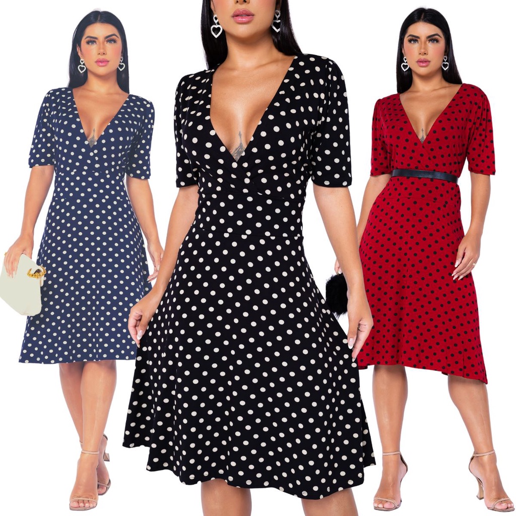 Vestido Saia Rodada Gode Ênfase Midi Gola Decote V Transpassado ...