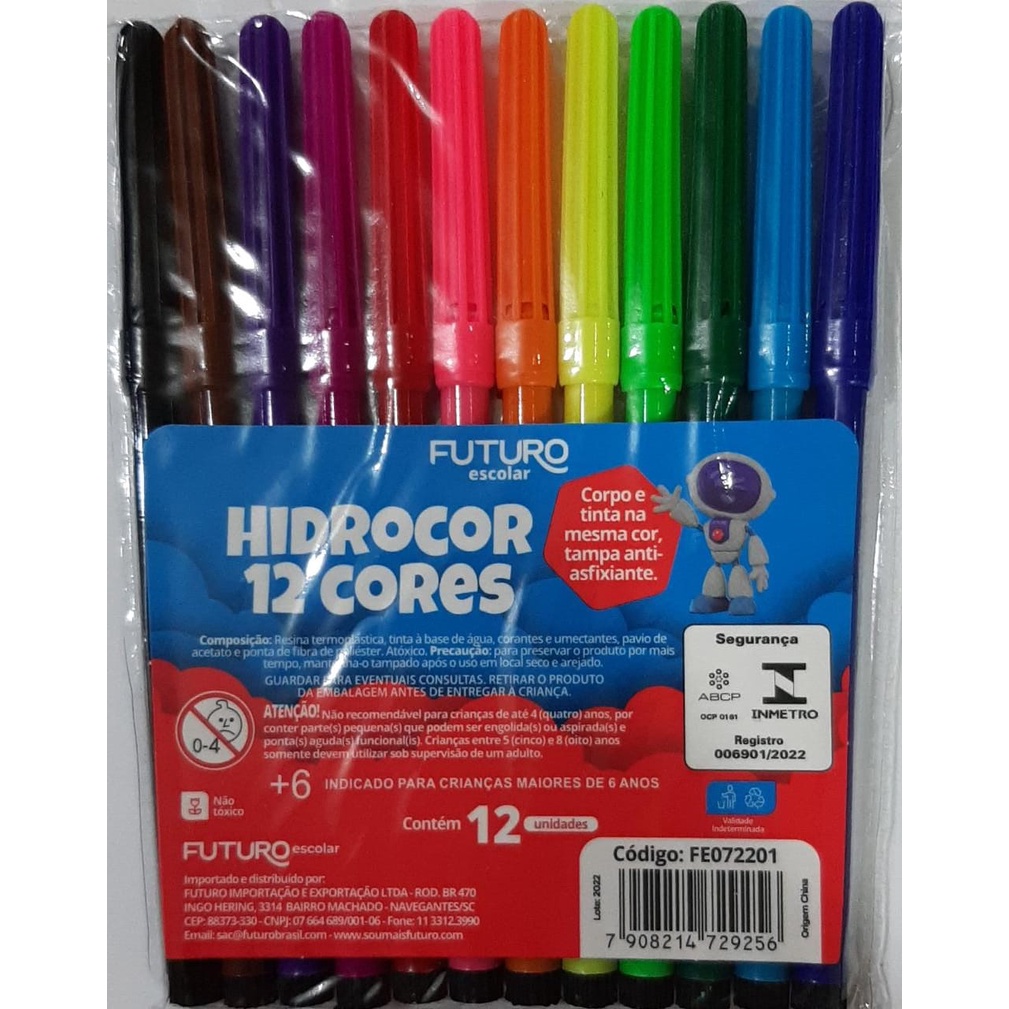 Caneta Hidrocor 12 Cores Canetinha Hidrografica, Hidrocolor, Escolar, Arte, Pintura, Material ...