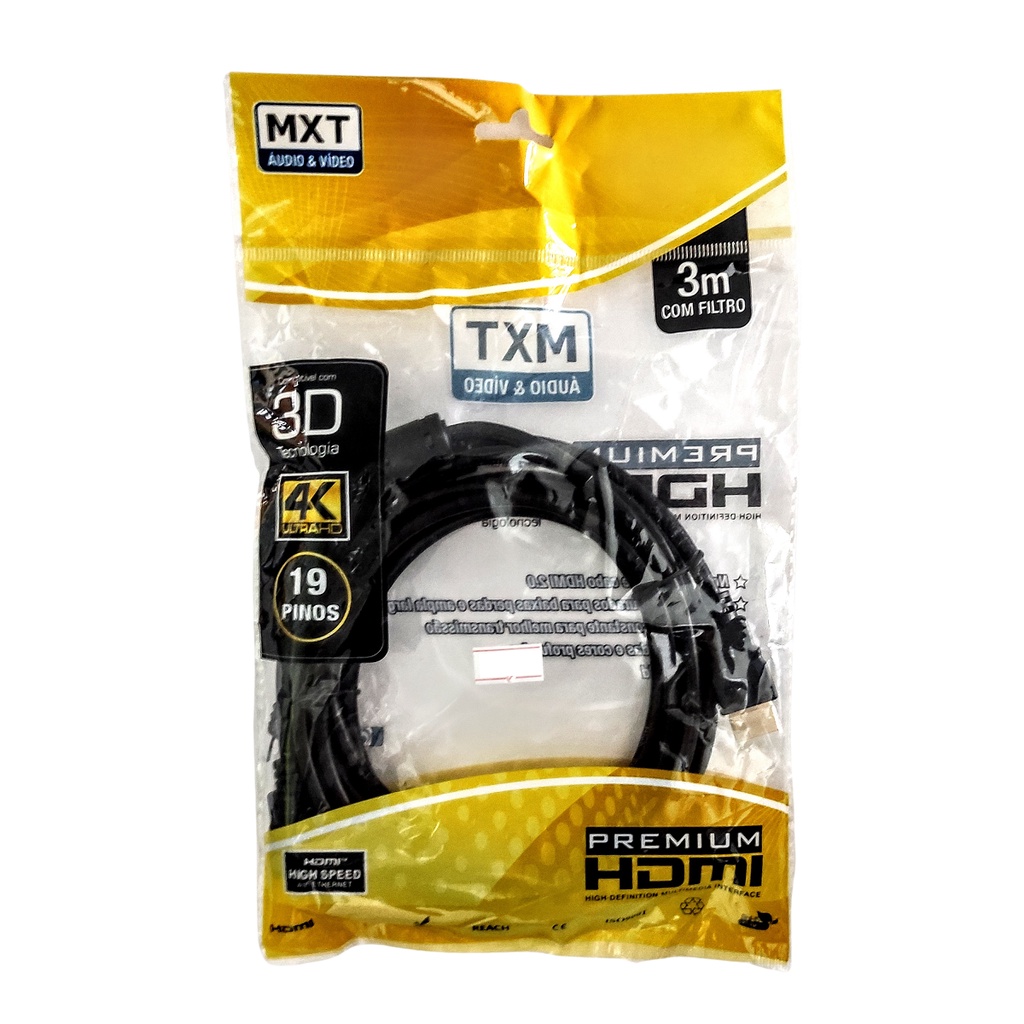 Cabo HDMI 2.0 MXT Ultra HD 4K Com Filtro Premium 3D 3 Metros | Shopee ...