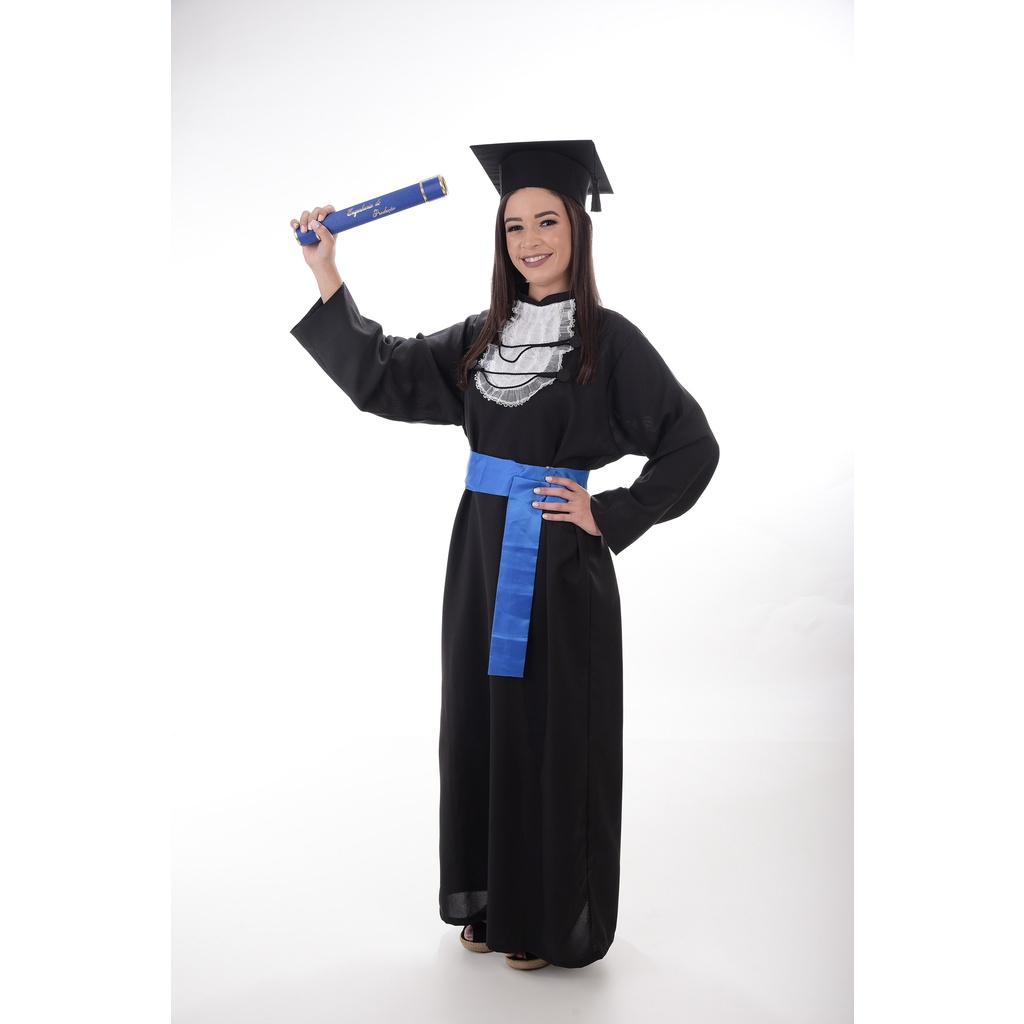 Conjunto Formatura Beca + Capelo + Jabô + Faixa Azul Royal + Canudo ...