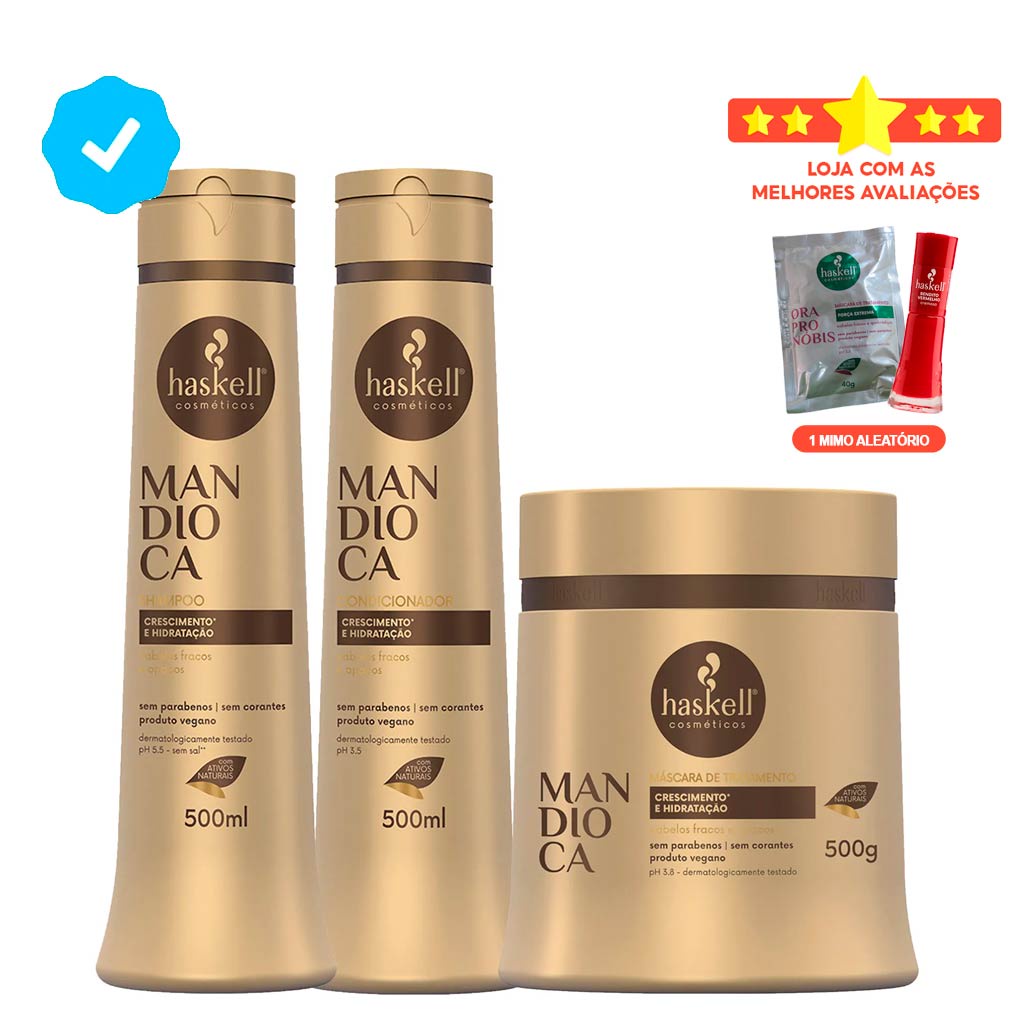 Kit Haskell Mandioca Shampoo 500ml + Cond 500ml + Mascara 500g | Shopee Brasil