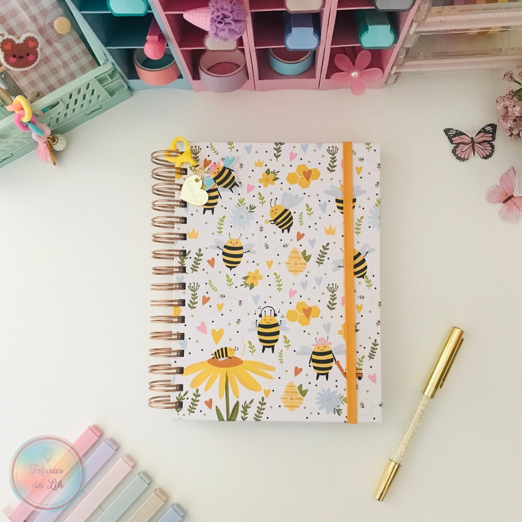 Caderno espiral A5 pautado abelhinha folhas decoradas | Shopee Brasil