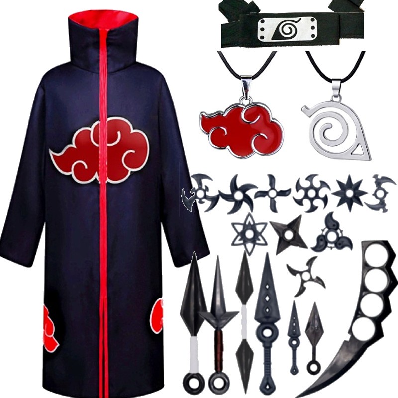 Manto Akatsuki com colar bandana+kit Kunais e Shurikens Infantil ...