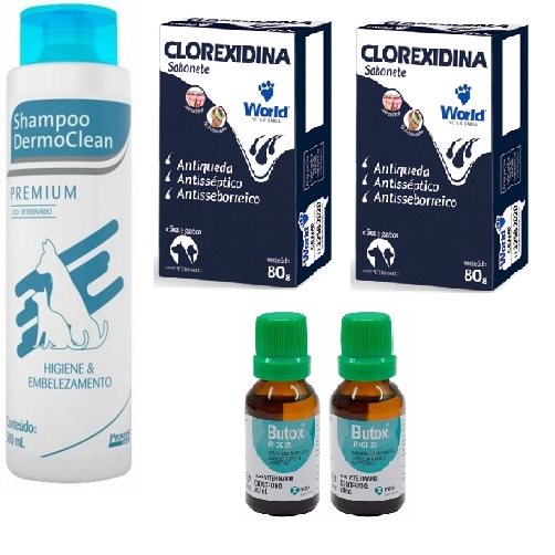 Shampoo Dermoclean + Dois Sabonete Clorexidina + Dois Butox Pulgas ...