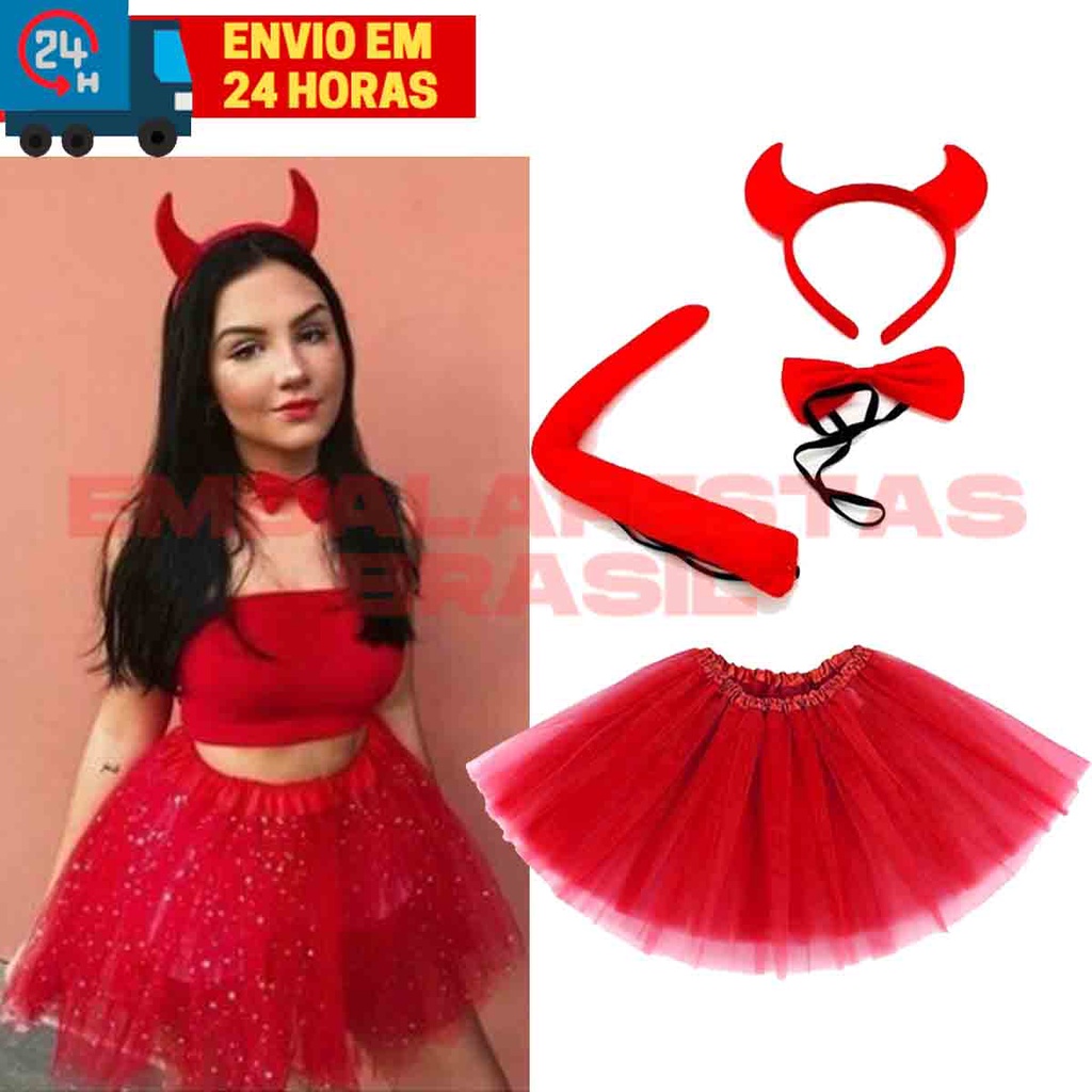 Kit Fantasia Diabinha Carnaval Saia Rabinho Gravata e Tiara | Shopee Brasil