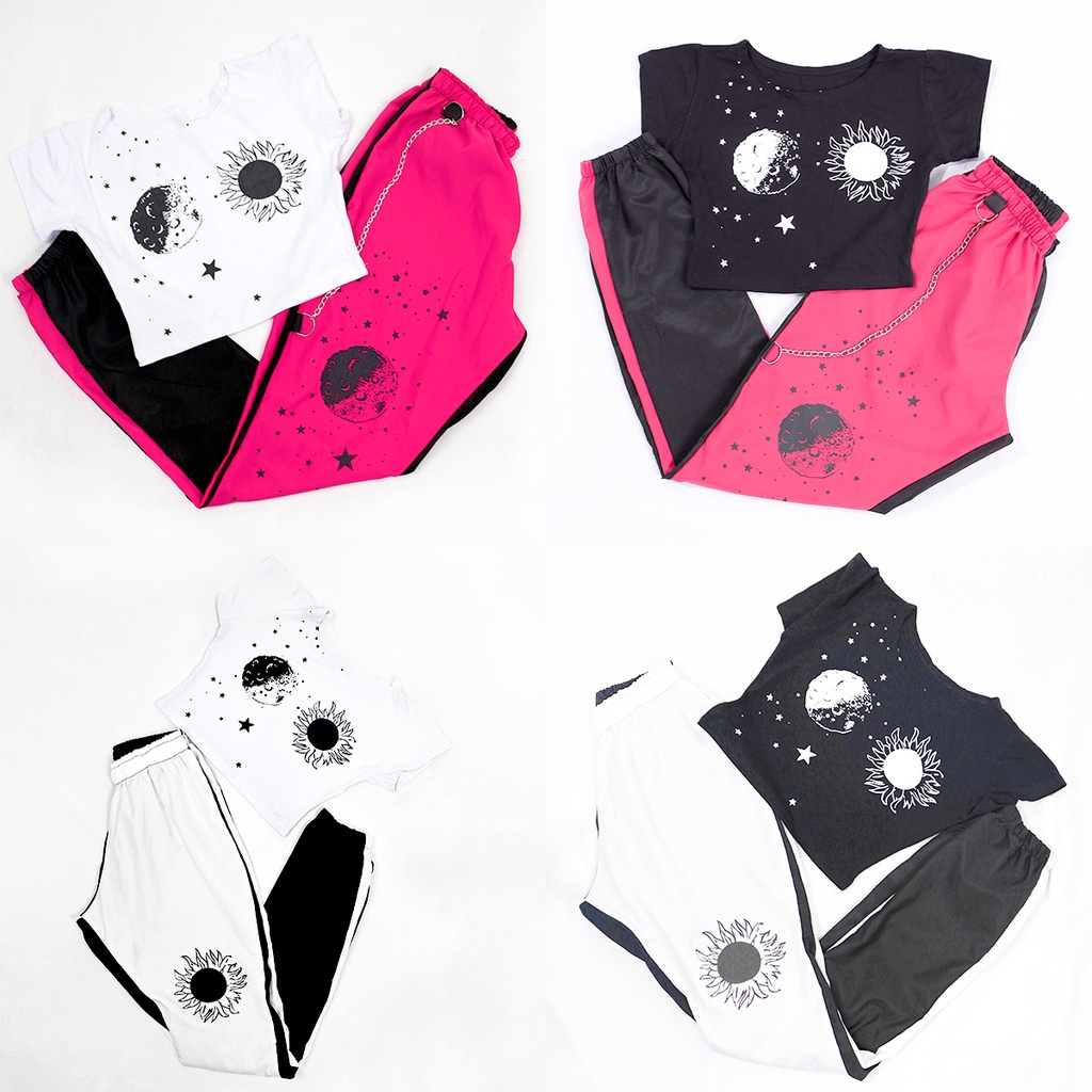 Conjunto Sol e Lua Branco/Rosa/Preto Streetwear | Shopee Brasil