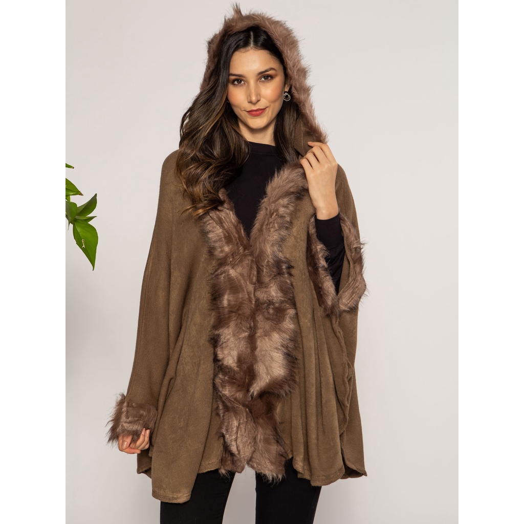 Poncho Feminina Com Touca De Pelos Sintético Importado | Shopee Brasil