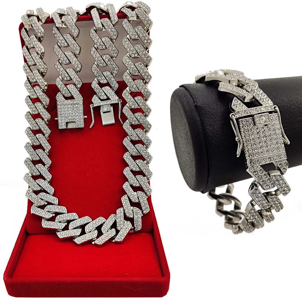 Corrente E Pulseira Cravejada Ice Cuban 18mm Colar Masculino 60cm ...