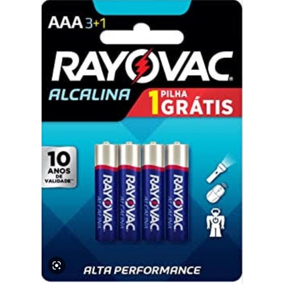 4 PIlhas Baterias AAA Palito 3A Alcalinas Rayovac-1 Cartela 4 unidades/ 6 Pilhas baterias AA ...