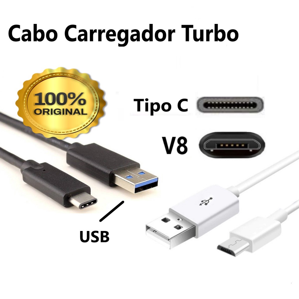 Cabo Carregador Turbo Original Tipo C V8 Cabo De Dados 1 Metro Micro Usb | Shopee Brasil
