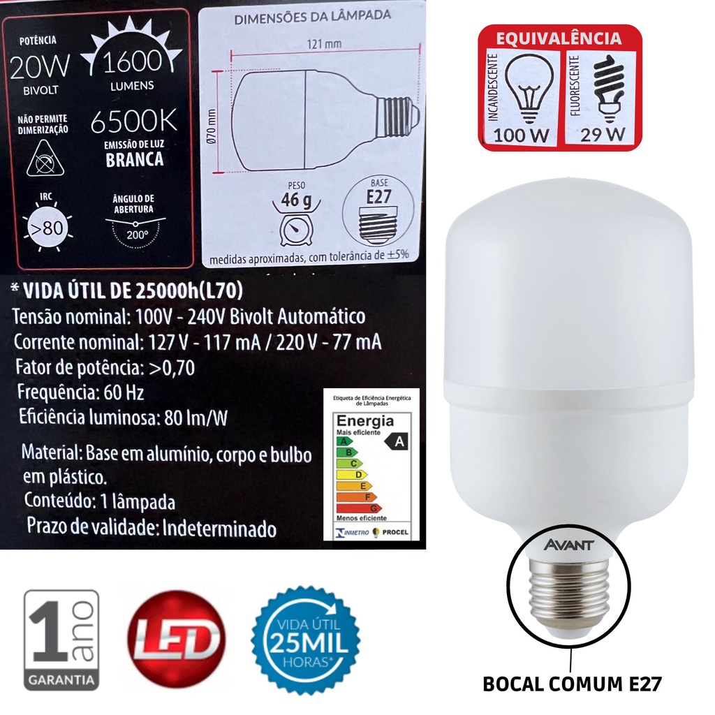 Kit 3 Lâmpadas Led Bulbo 20w E27 Bivolt Avant Alta Potência Casa Comércio Loja | Shopee Brasil