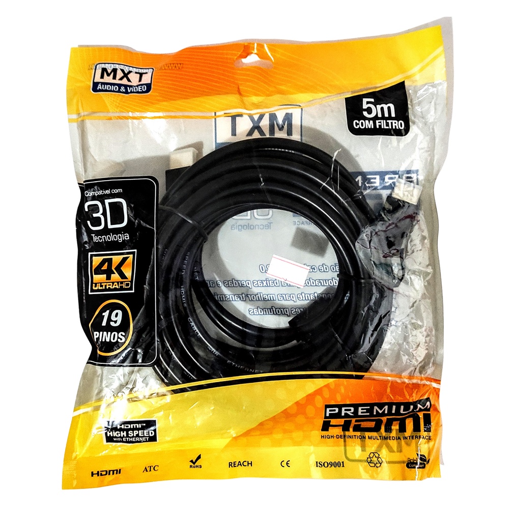 Cabo HDMI 2.0 MXT Ultra HD 4K Com Filtro Premium 3D 5 Metros | Shopee ...