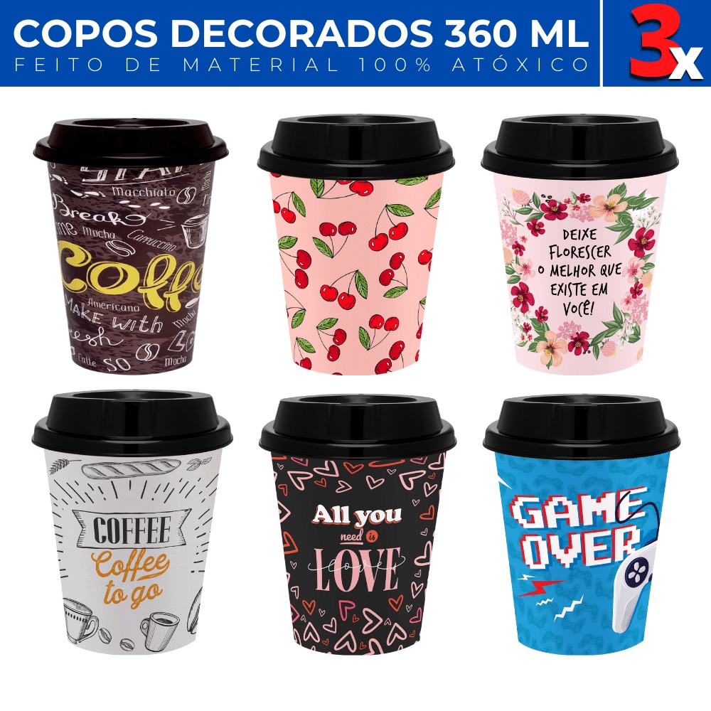 Kit 3 Copo Decorado 360ml Cafe Bebidas Quente Gelada Tampa | Shopee Brasil
