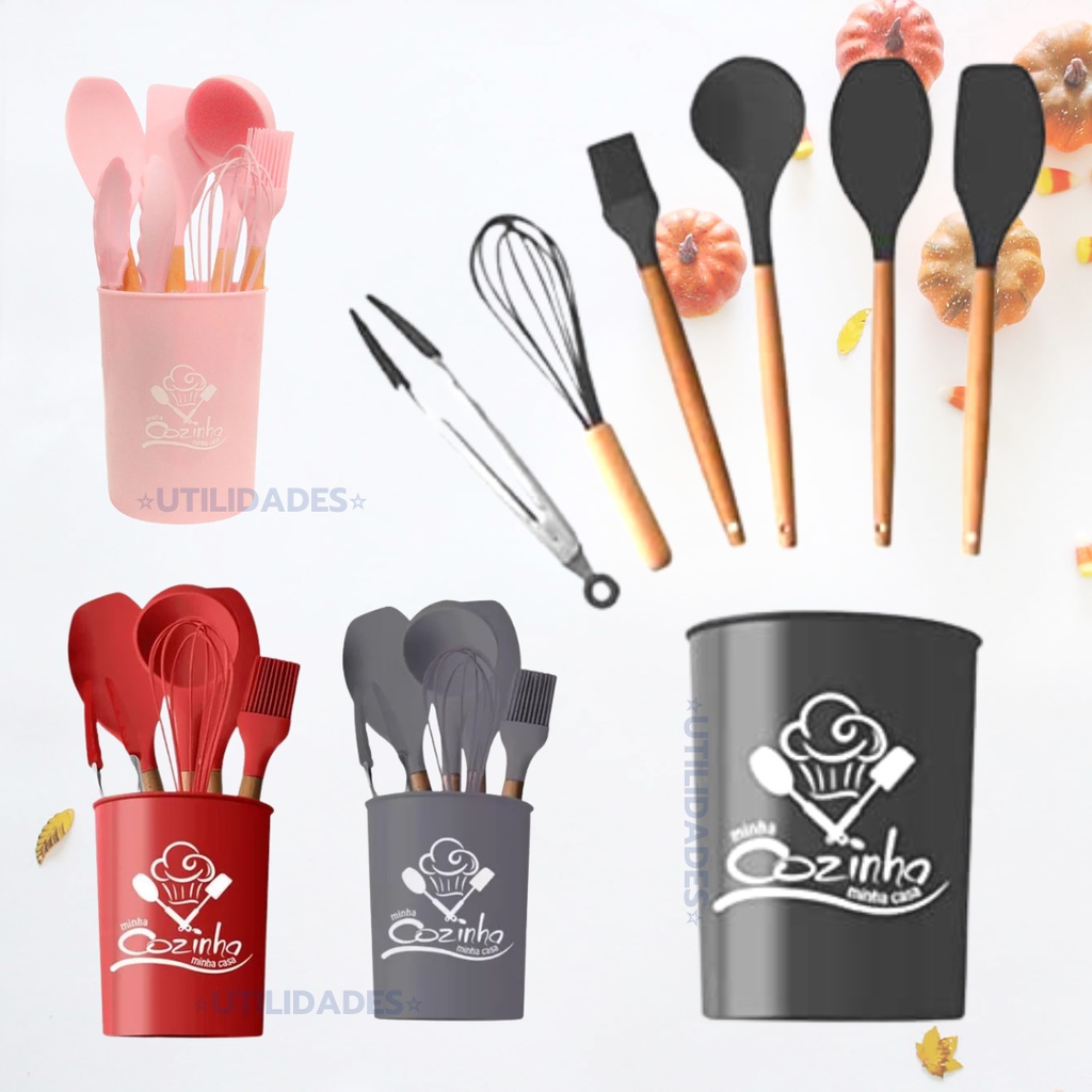 Kit Talheres de Silicone 7 Peças para Cozinha Pegador Espátula Concha ...