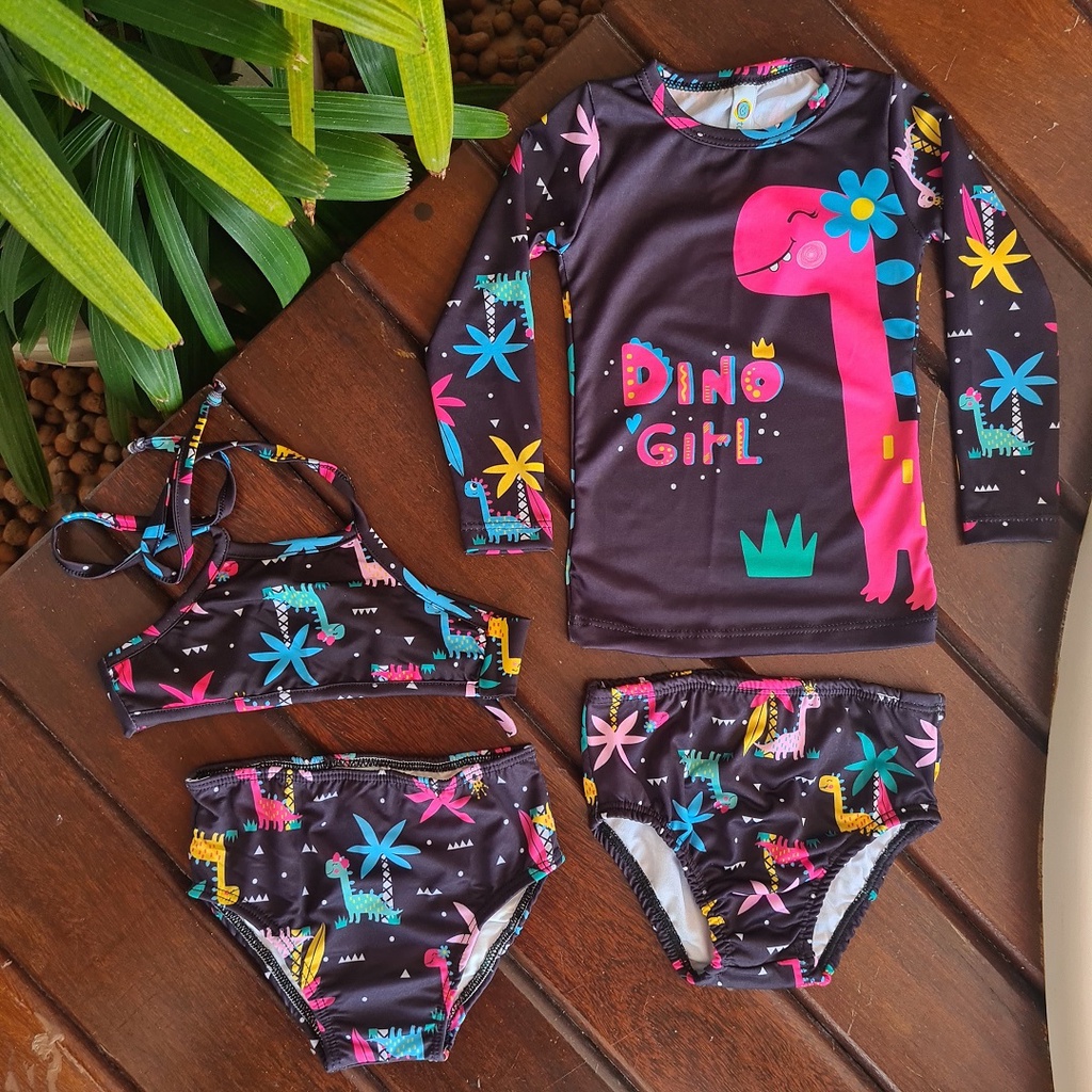 Moda Praia Infantil Conjunto Camisa UV50 e Biquini Infantil Dino Girl ...