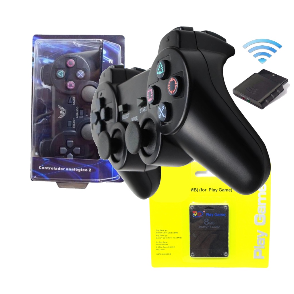 Kit Controle Ps2 Sem fio Manete Bluetooth Joystick + Memory Card 8mb Lacrado | Shopee Brasil