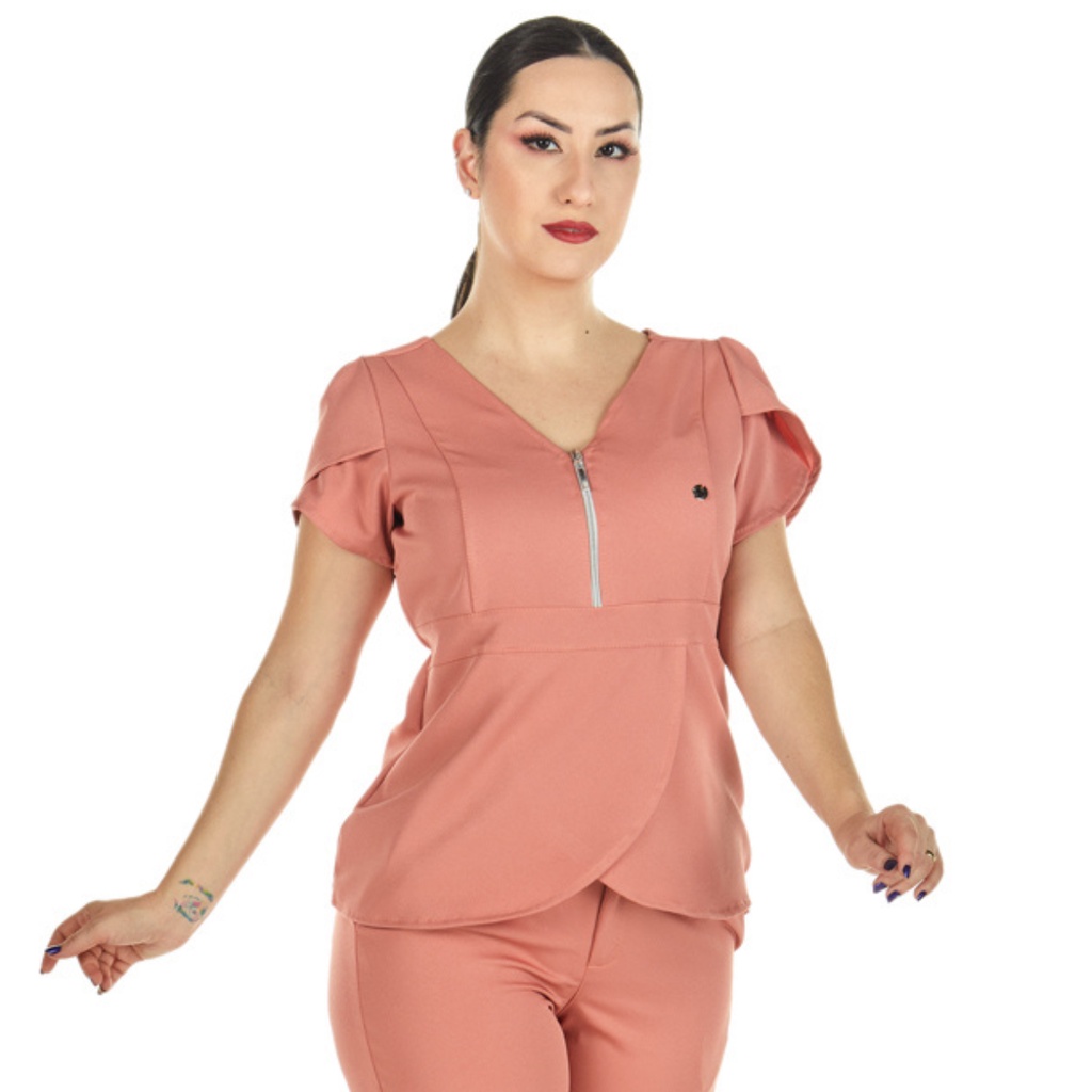 Blusa Scrub Feminino Transpassada Decote Zíper Com Manga Curta Nude ...