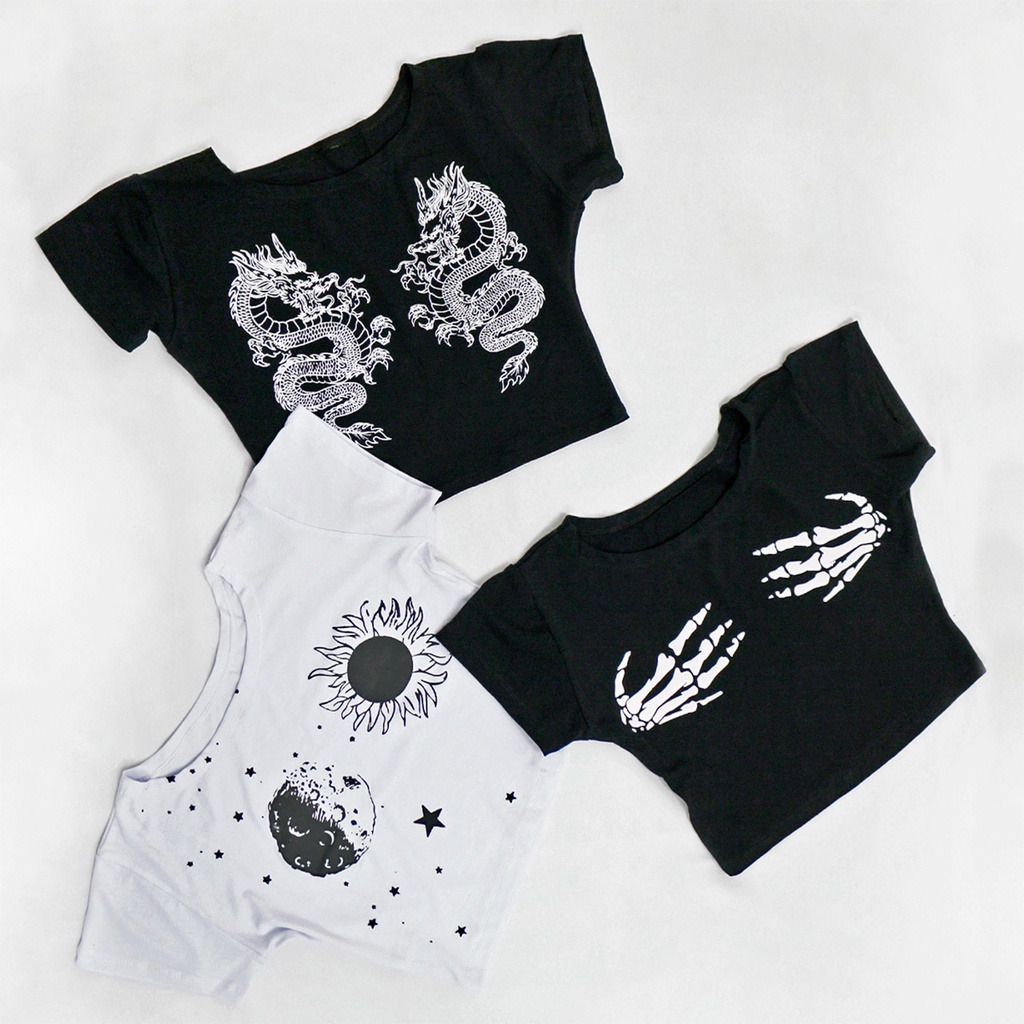 Cropped Dragão Sol/Lua Caveira Tecido Moda Gringa | Shopee Brasil