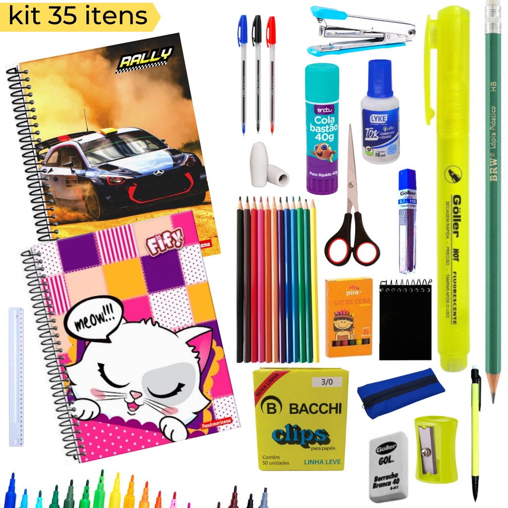 Material Escolar Kit 35 Itens Caderno Lapis Borracha Kit Material