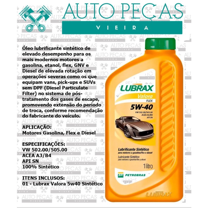 Óleo Motor Carro Sintético 5W40 1L - Lubrax Valora - Para Motores ...