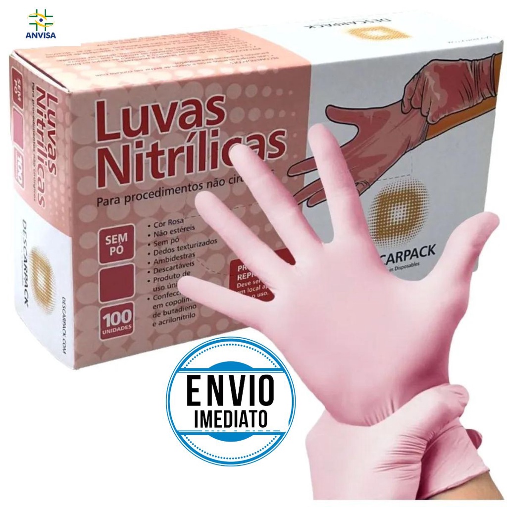 Luva Nitrílica Rosa Sem talco Descarpack Caixa Com 100 anvisa e inmetro ...
