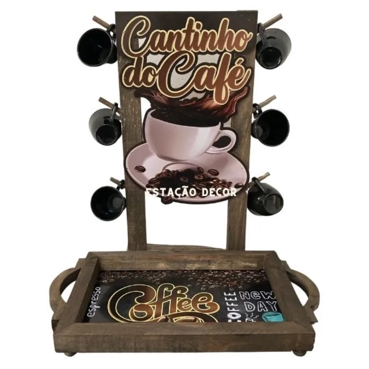 Kit Cantinho Do Café 6 Xícara Preta Com Suporte E Bandeja Grande ...