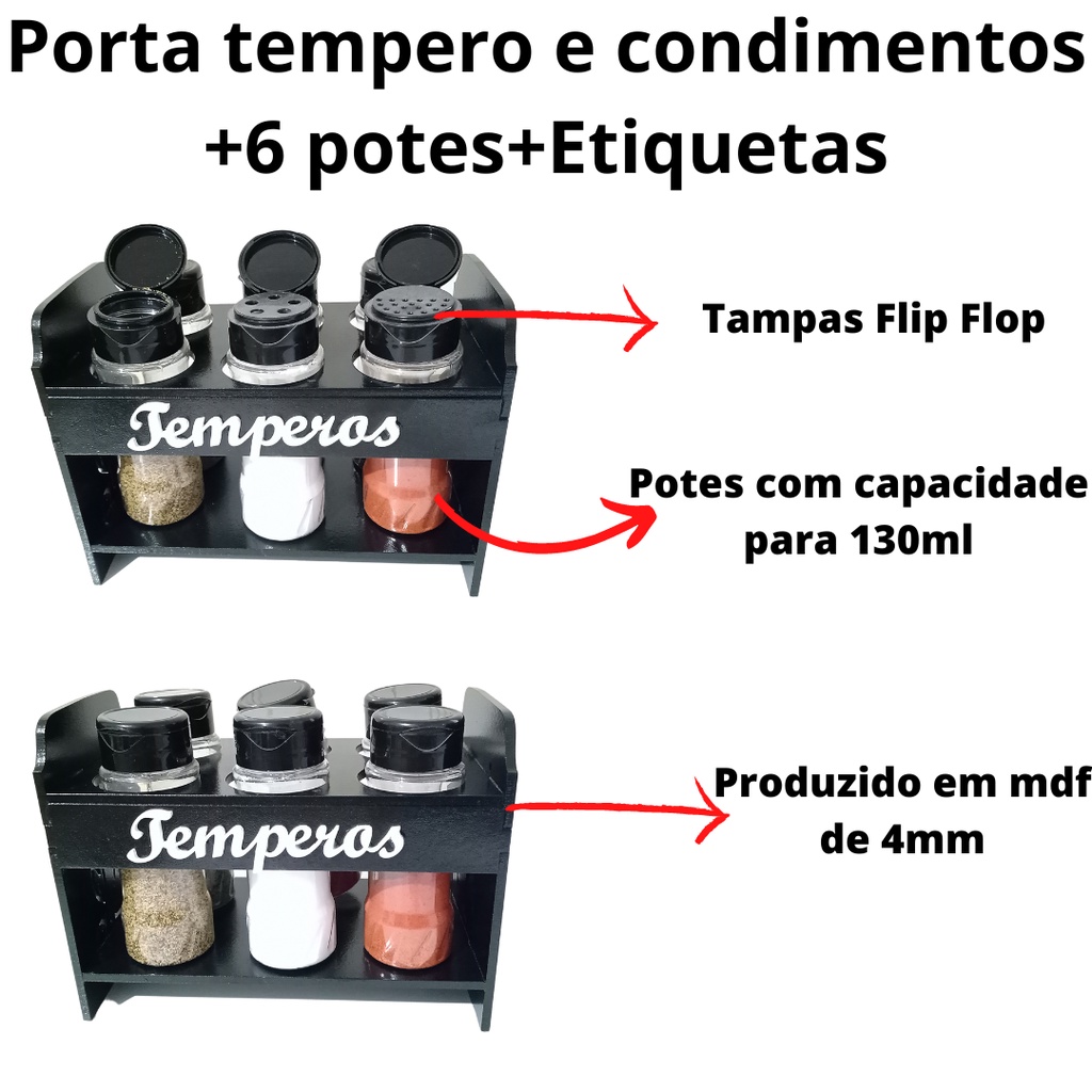 Porta tempero e condimentos de bancada pintado + 6 potes+etiquetas ...