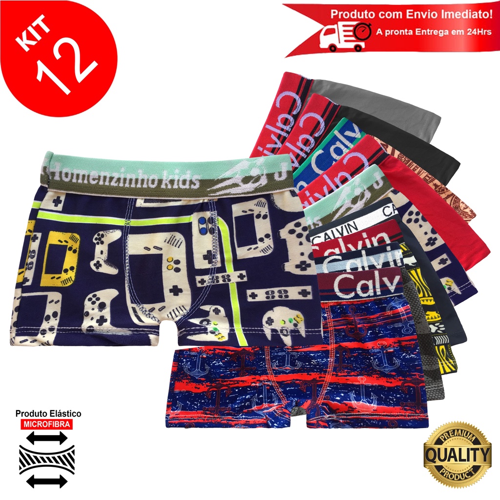 Kit 12 Cueca Box Boxer Infantil Microfibra Estampada Lisa Kids | Shopee ...