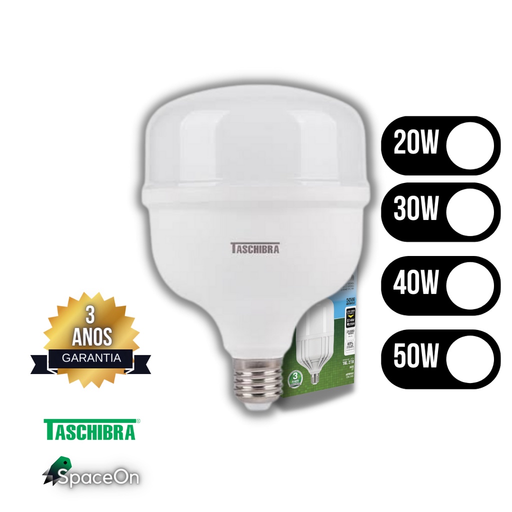 Lâmpada Led Bulbo 9w, 20w, 30w, 40w, 50w E27 Bivolt Branco Frio 6500K Alta Potencia Taschibra ...