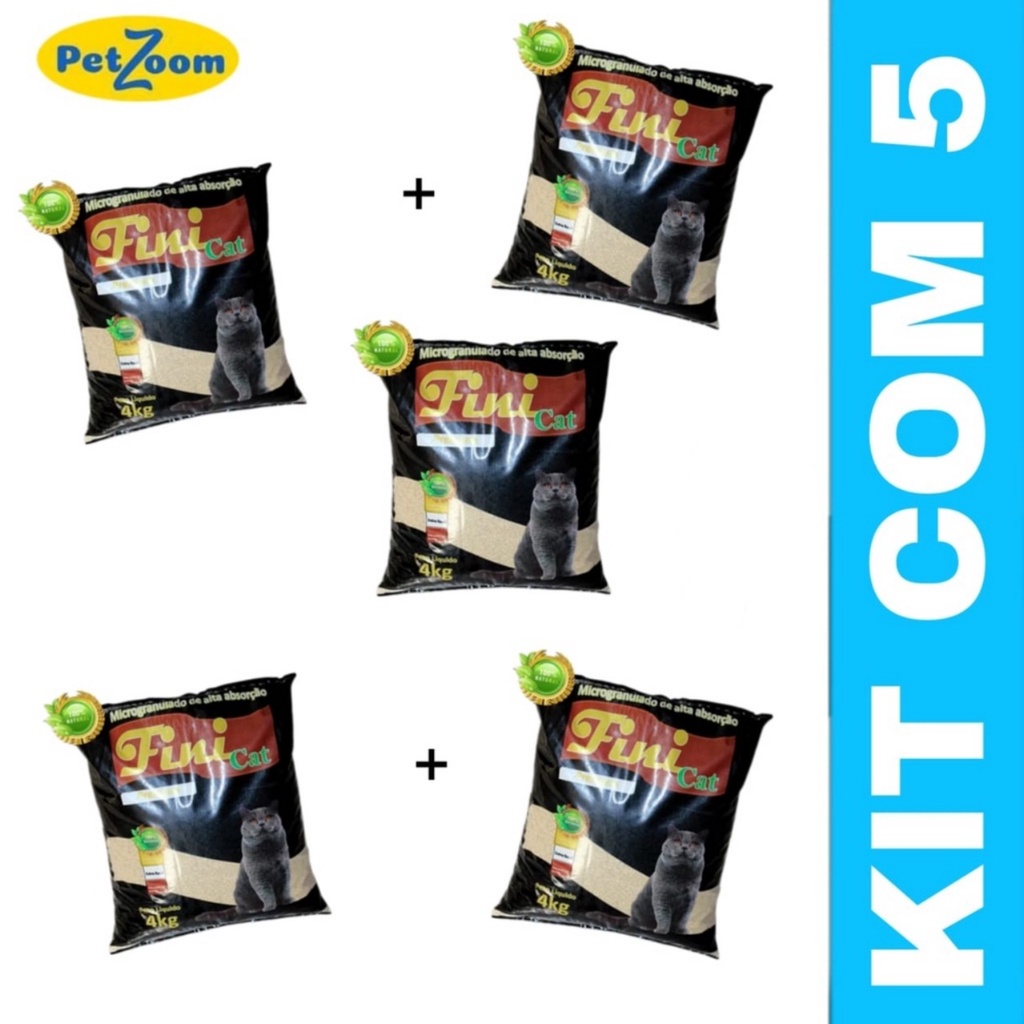 Areia Para Gato Sanitária Fini Cat Kit C/ 5 Premium Tradicional para Gato 4kg Pet - Escorrega o ...