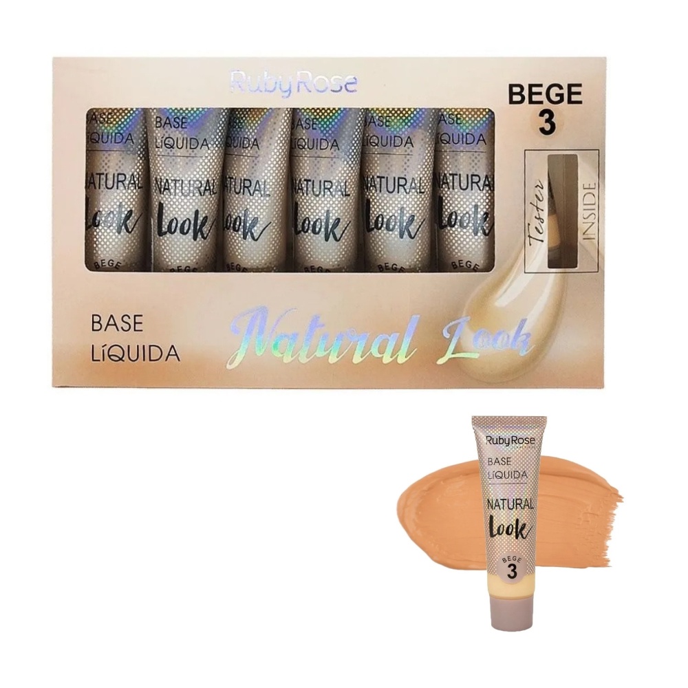 Kit 06 Base Ruby Rose Natural Look Bege 3 Alta Cobertura + 1 Provador | Shopee Brasil