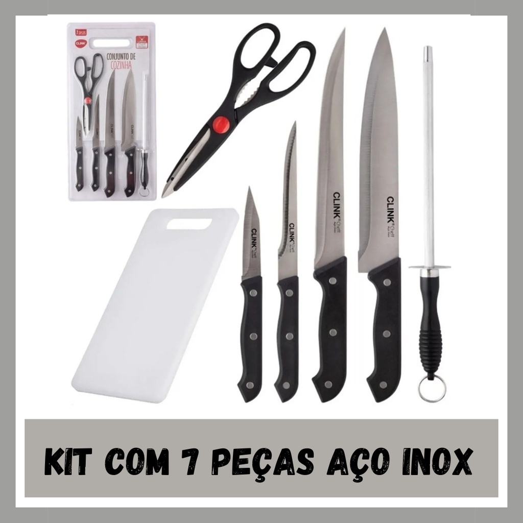 Kit facas de cozinha com 7 peças aço inox c/ tabua e tesoura | Shopee ...
