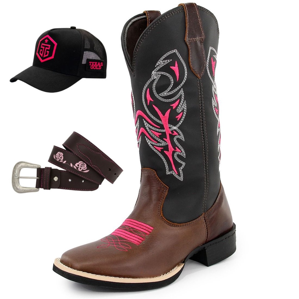 Combo Bota Country Texana Delegada Fem Cano Longo Cinto e Boné | Shopee ...