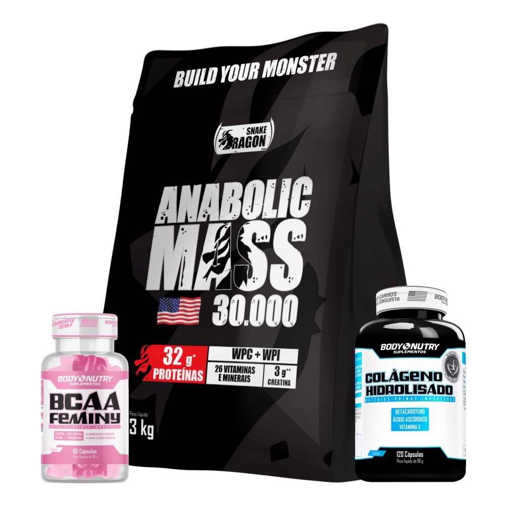 Kit Hipercalórico Anabolic Mass 30000, 3 kg + Colágeno Hidrolisado 120 caps + Bcaa Feminy ...
