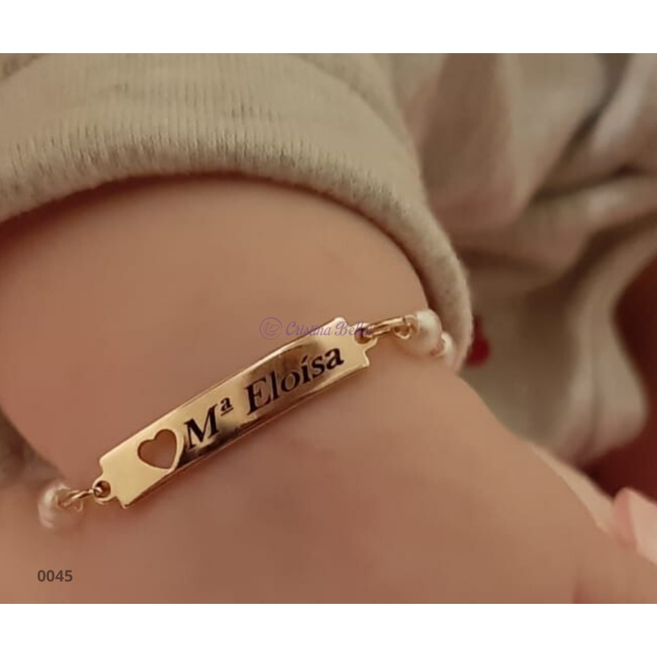 Pulseira infantil de chapa coração personalizada com nome do bebe recem ...