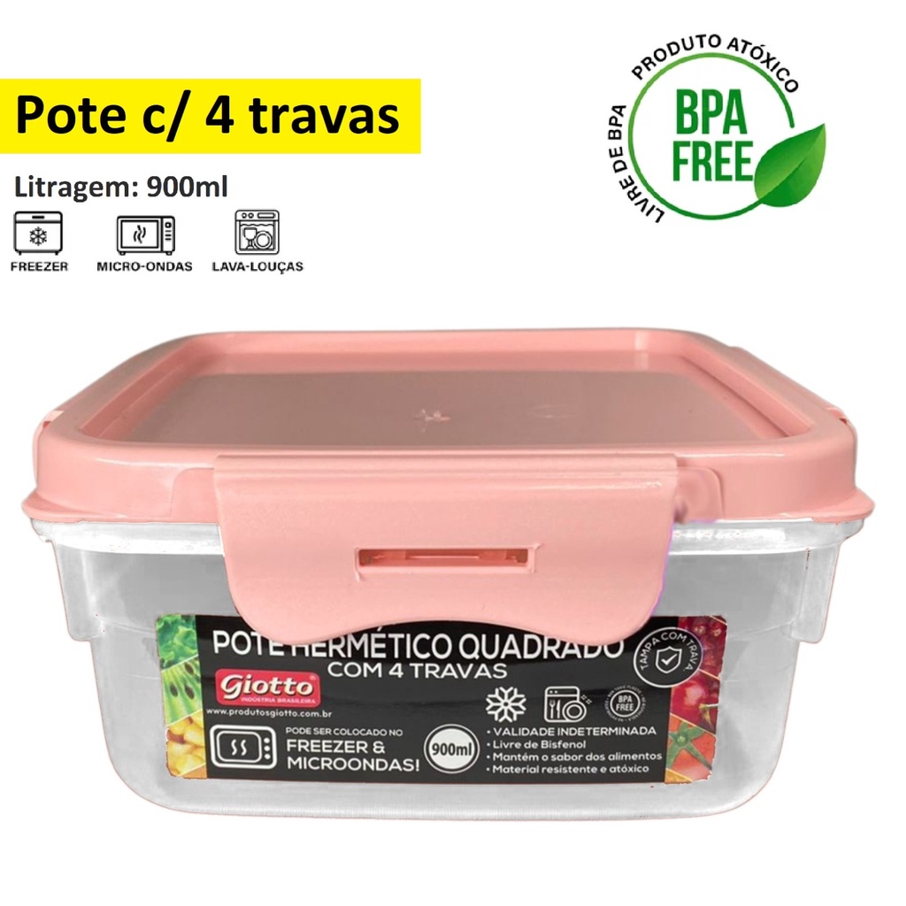 Vasilha Quadrada Baixa Com 4 Travas E Tampa Colors 900ml | Shopee Brasil