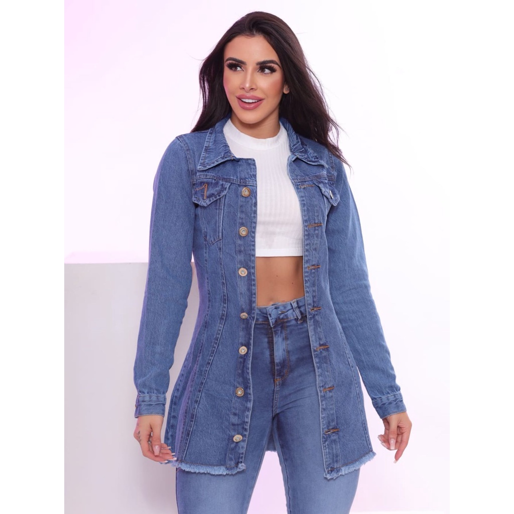 Jaqueta Parka Jeans comprida Feminino Desfiado na barra | Shopee Brasil