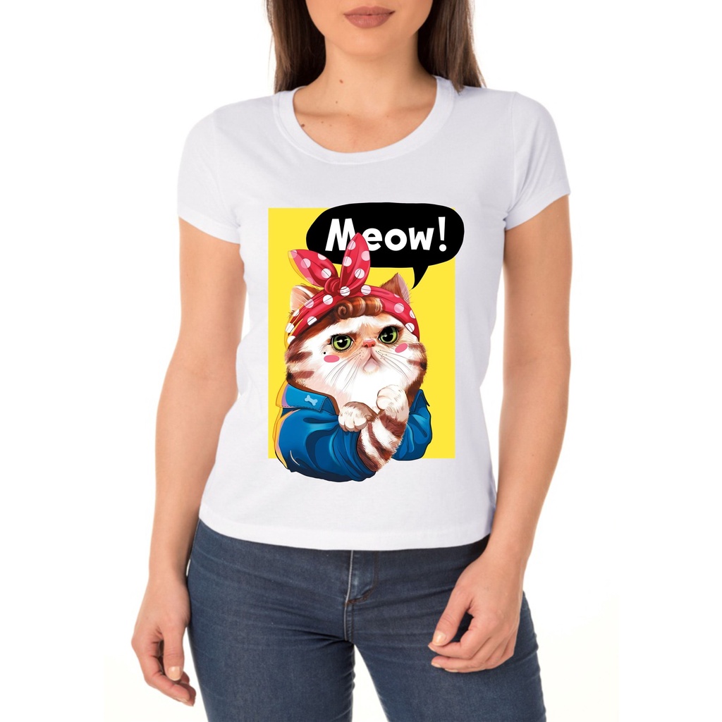 Camiseta Baby Look feminino Casual Cat Gatos desenho Gato Branca Nova ...