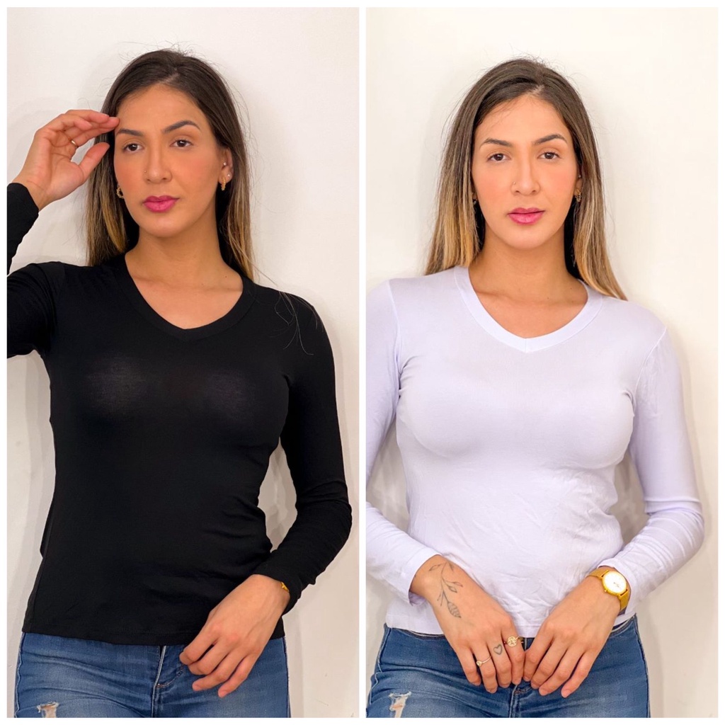 Kit 2 Blusas Feminina Manga Longa Gola V | Shopee Brasil