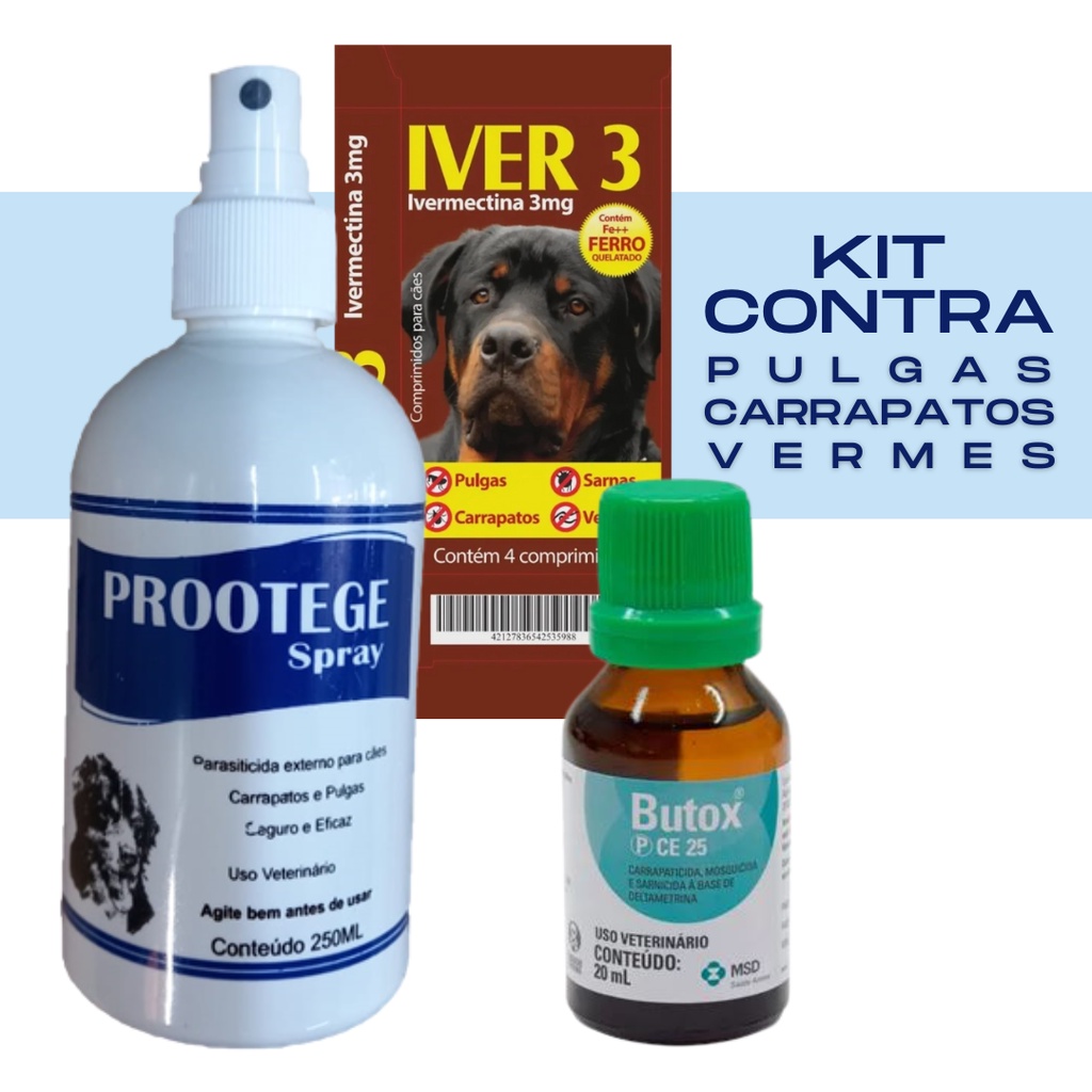 Kit Antipulgas e Vermífugo - Iver 3 + Prootege Spray 250 mL + Butox 20 ...