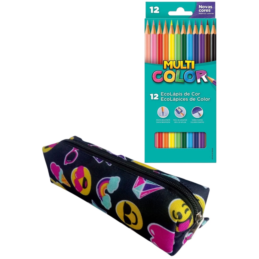 Estojo Escolar Bolsinha De Caneta Mais Lápis De Cor Multicolor 12 Cores