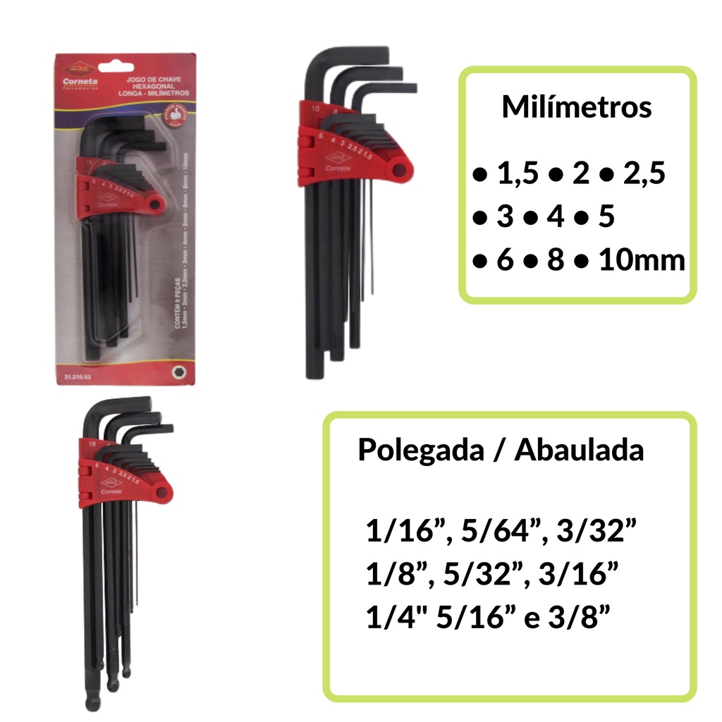 Jogo Kit Chaves Allen Polegadas E Milímetros Longa Aço CRV | Shopee Brasil