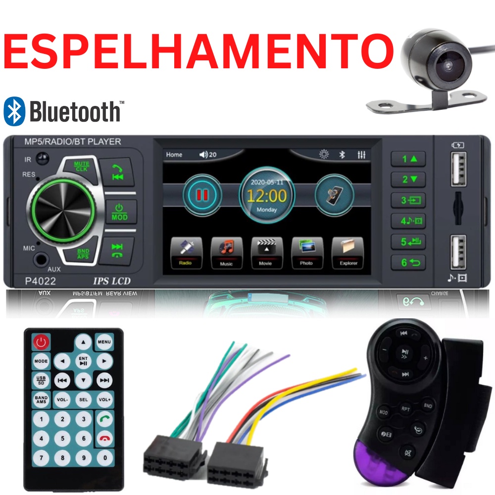 Central Multimidia Mp5 1 Din Automotivo Espelhamento Tela 4.1" + Camera de Ré + Controle de ...