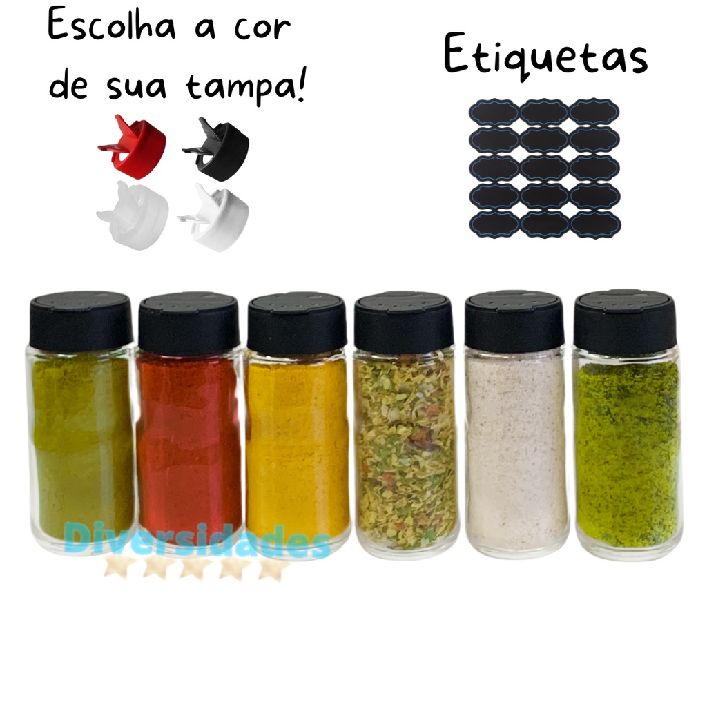 Kit 6 Potes de Vidro Com Etiquetas Para Tempero Condimento com Tampa ...