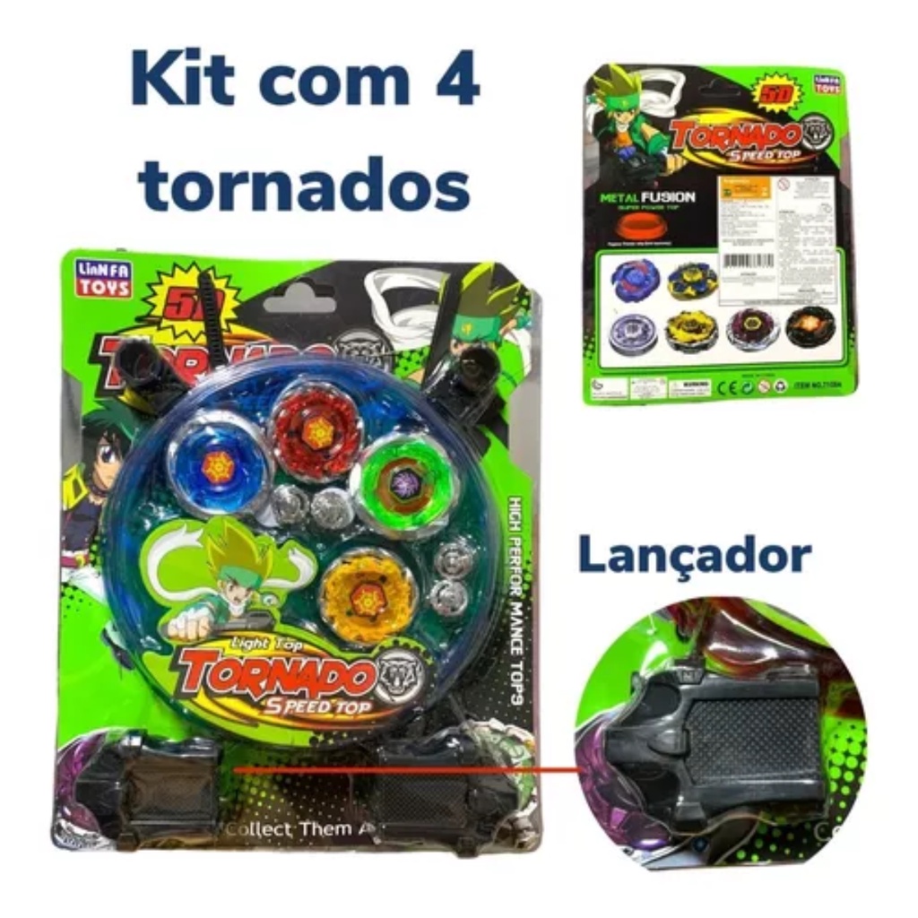 Kit 4 Beyblade Metal + 2 Lançador + Pião Tornado Com Arena - Escorrega ...