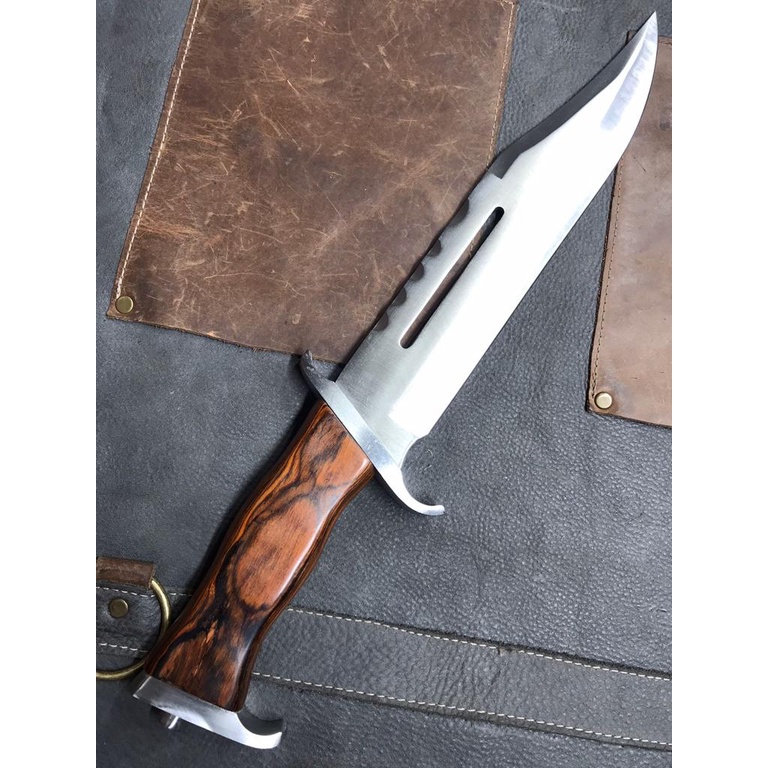 Faca Rambo 3 aço bruto inox 11'' Polegadas cabo Madeira | Shopee Brasil