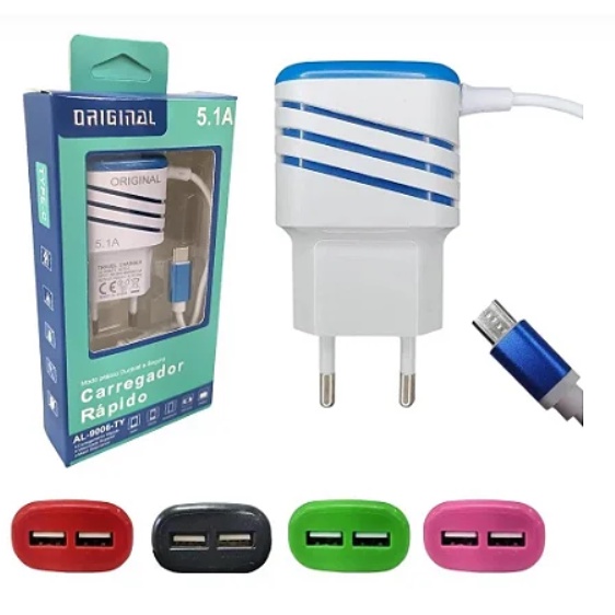Carregador de Celular 5.1A Dual USB Micro/V8 + Cabo - Altomex com 2 ...