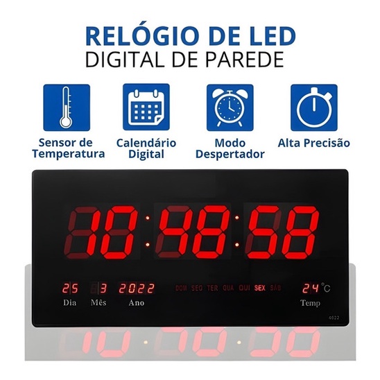 Relógio De Parede Digital LED Grande Com Calendário Alarme Data Termômetro Para Academia ...