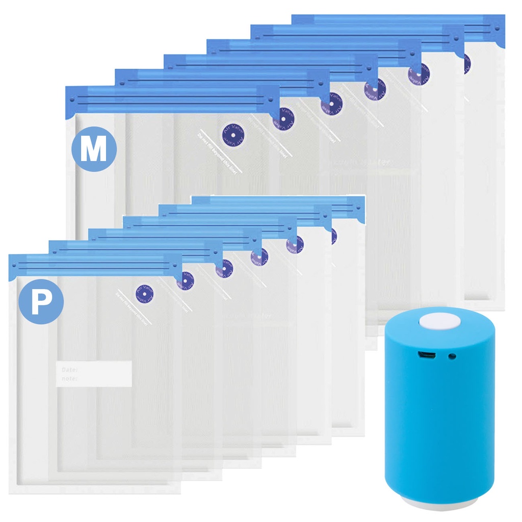Kit 12 Saco Hermético a Vacuo Alimentos P e M Zip Lock + Bomba de ...
