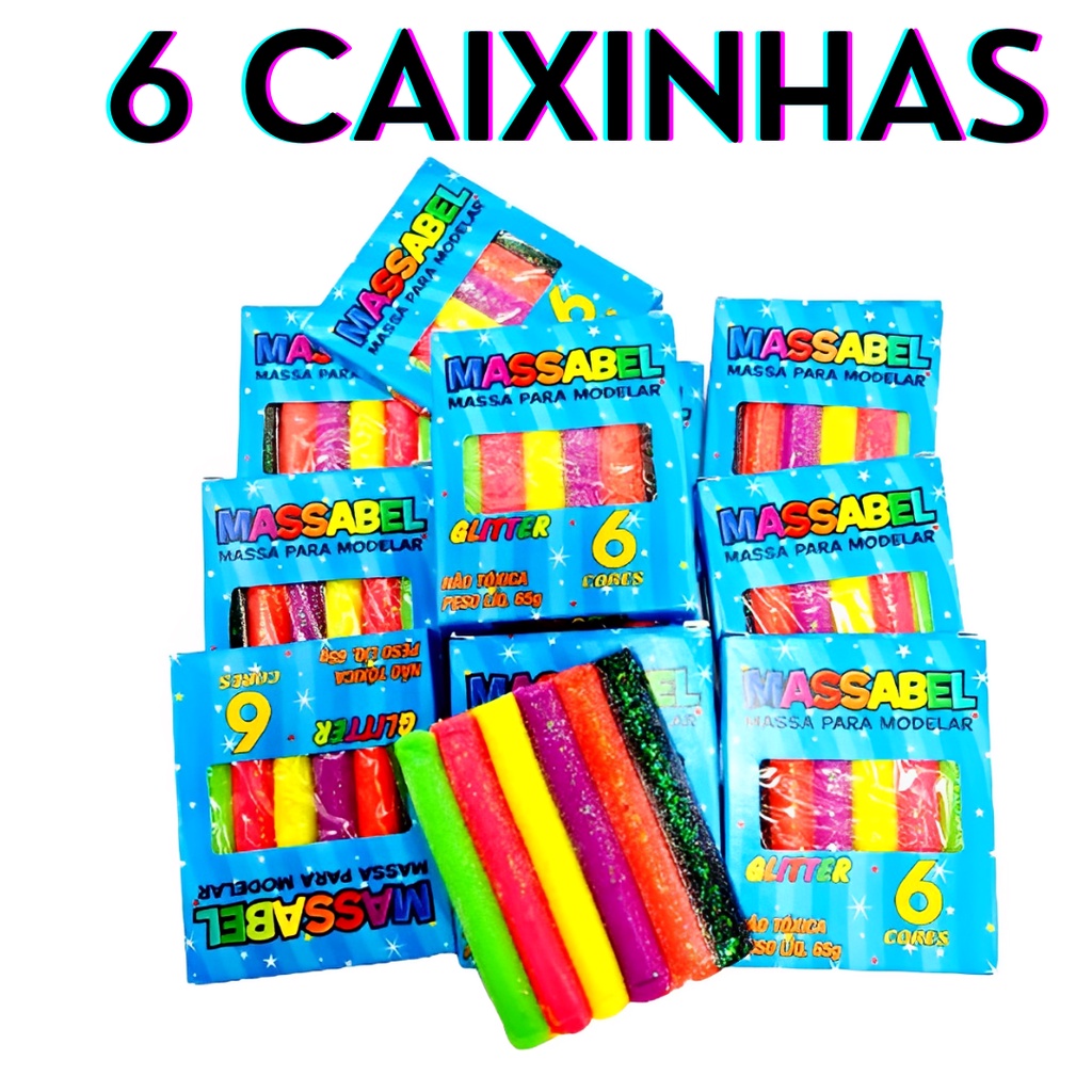 Kit 36 gomas de Massinha de Modelar com Glitter Gliter 6 Cores 65g-6 CAIXAS | Shopee Brasil